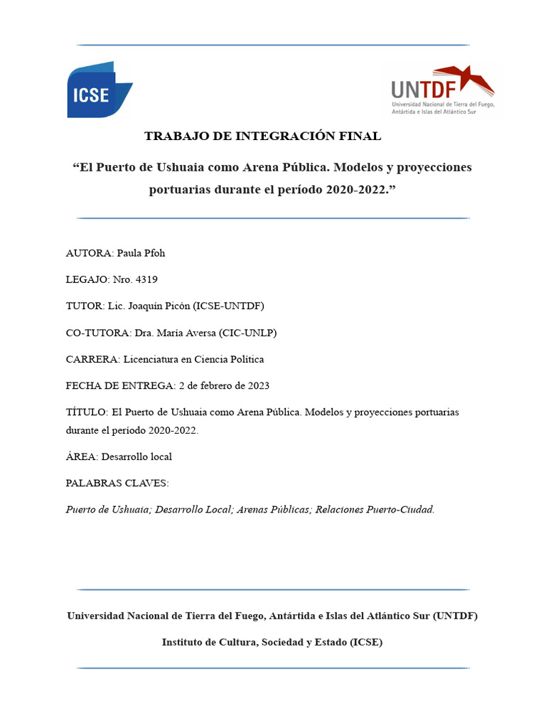PFOH, P. (2023) - El Puerto de Ushuaia Como Arena Pública. Modelos y ...