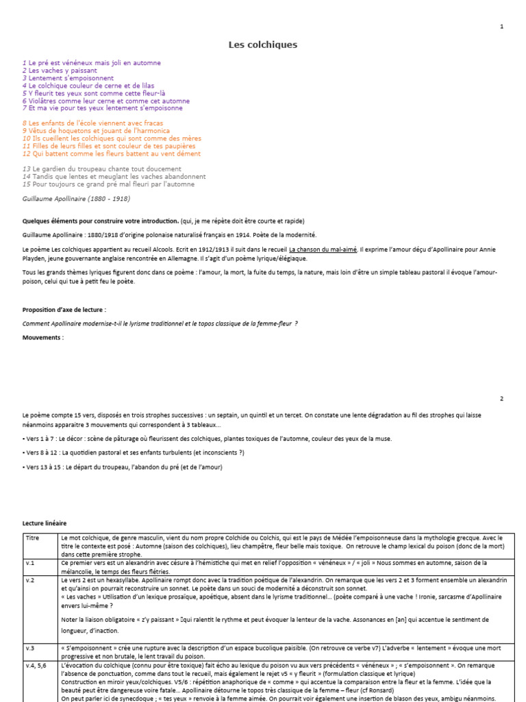 Fiche - Les Colchiques - Guillaume Apollinaire | PDF | Poésie