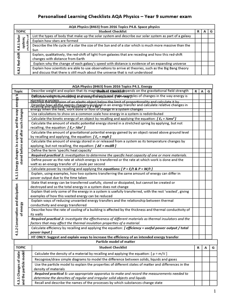 Personalised Learning Checklists AQA Physics - Yr 9 2023 Summer Exam ...
