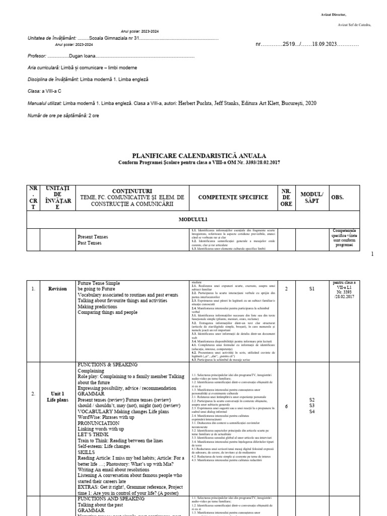 Planificare 8 | PDF
