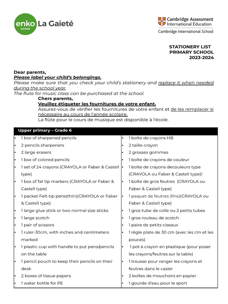 GRADE 6 ELGP PRIMARY Stationery List 2023 2024 | PDF