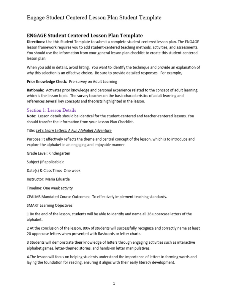 ENGAGE Student Centered Lesson Plan Template | PDF | Learning | Teaching Method