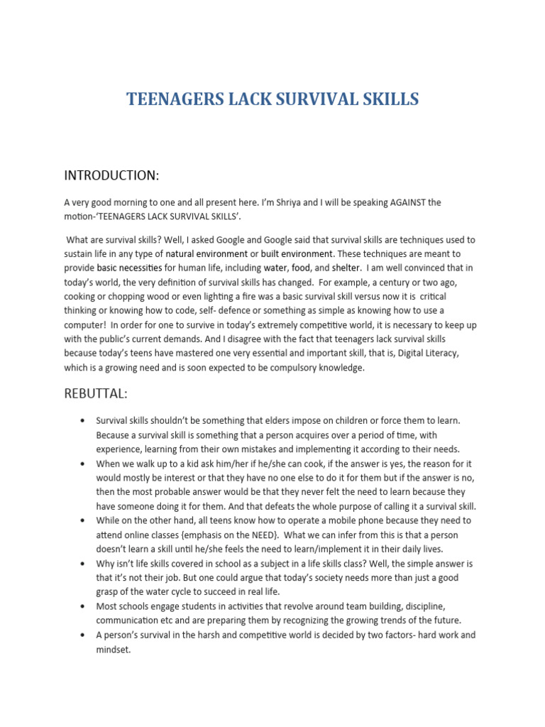 Teenagers Lack Survival Skills - Debate | PDF | Survival Skills ...