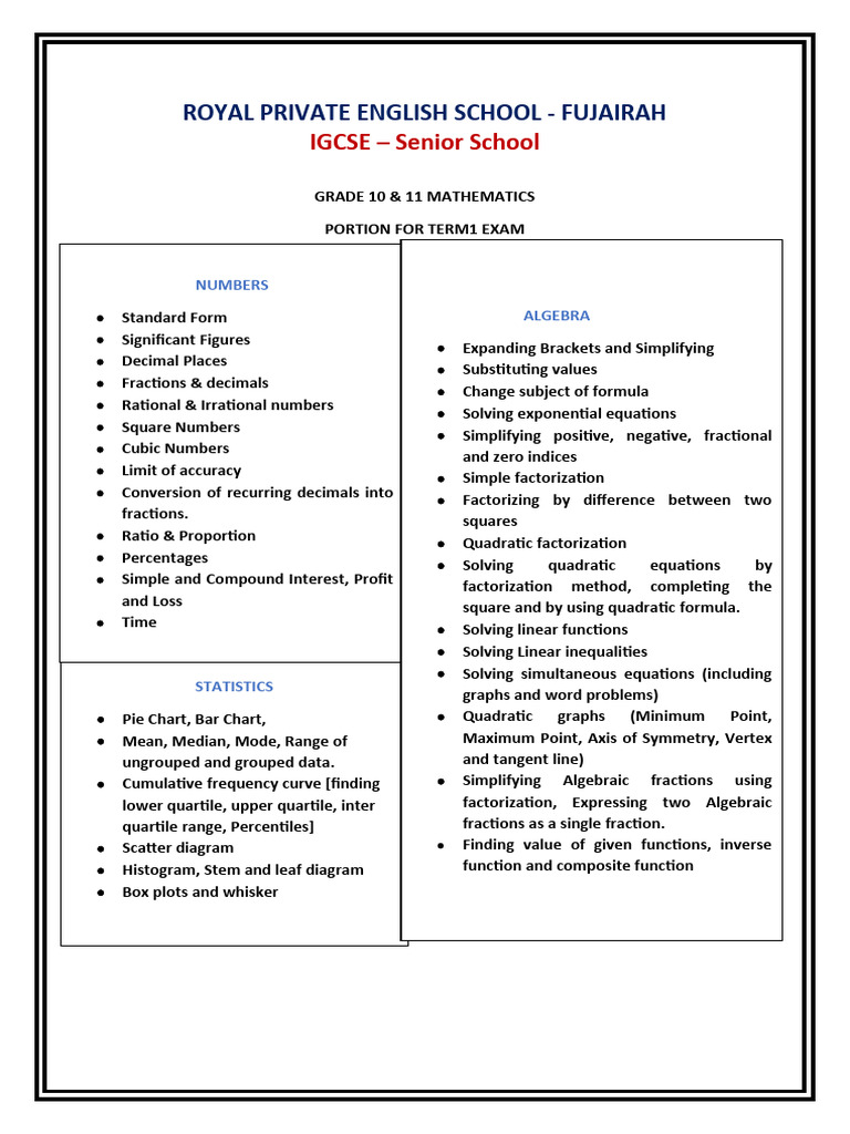 Grade 10 & 11 Mathematics Term Exam 1 Portions | PDF