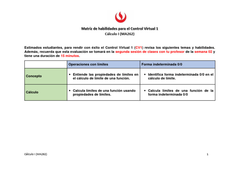 Matriz de Habilidades para La Cv1 Calculo 1 | PDF | Finanzas y dinero | Informática