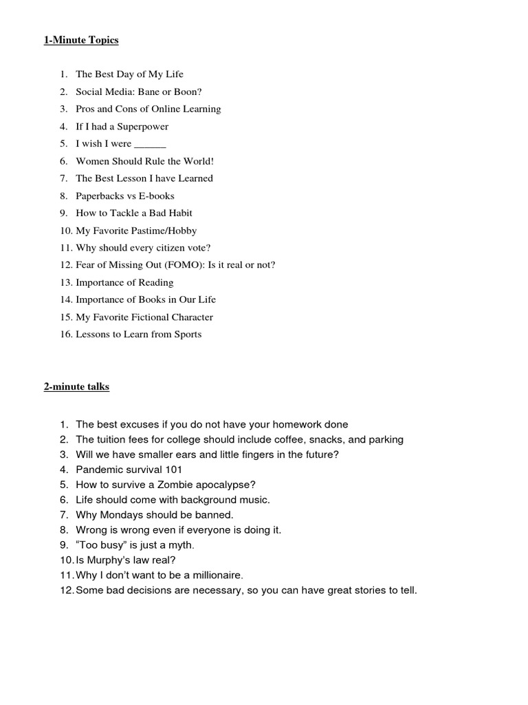 Engaging 1-Minute Speech Topics | PDF | Social Science | Self-Improvement