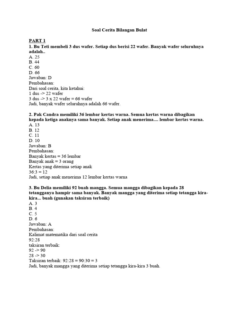 Soal Cerita Bilangan Bulat Dan Pembahasan | PDF