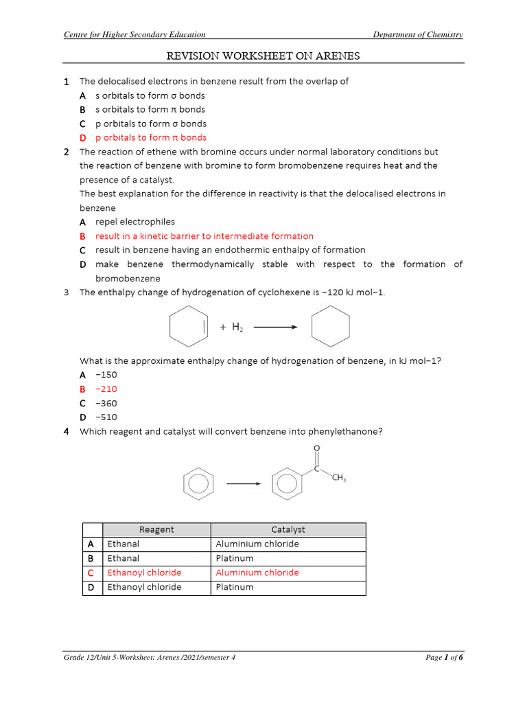 Worksheet - Arenes Answers | PDF | Chemical Reactions | Benzene