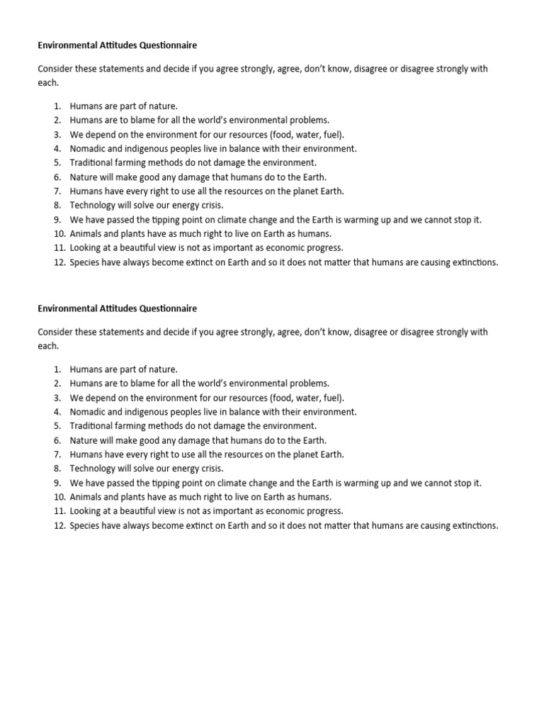 Environmental Attitudes Questionnaire | PDF