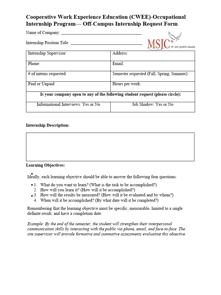 Basic Employer Internship Request Form | PDF