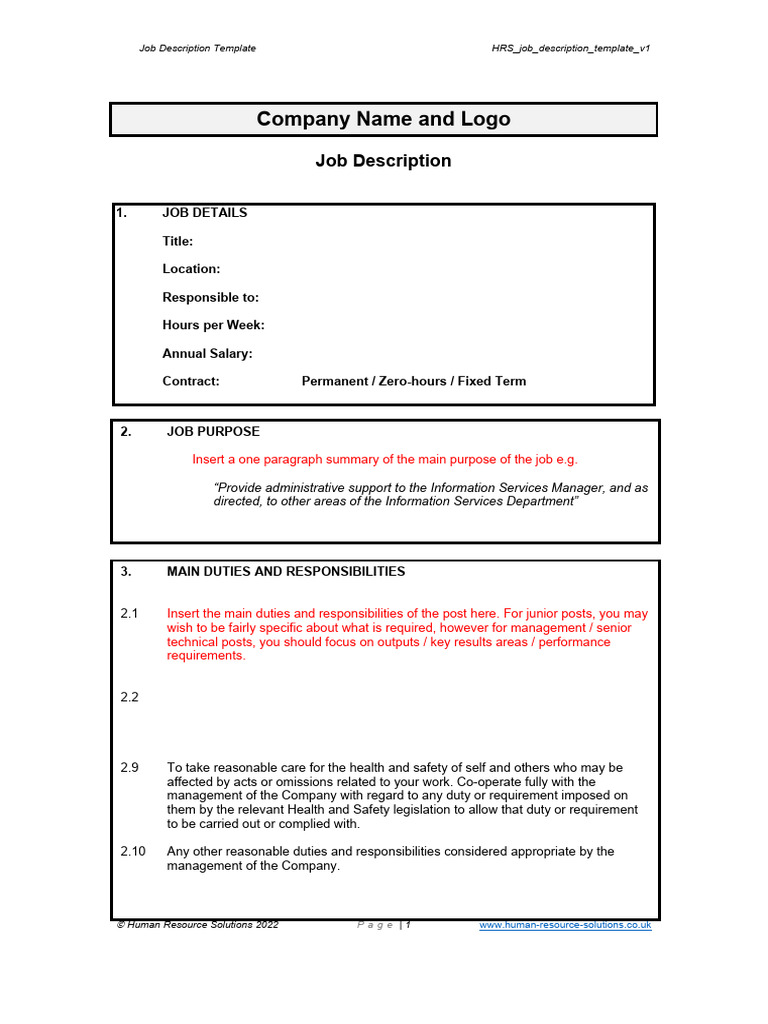 HRS Job Description Template v1 | PDF | Occupational Safety And Health ...