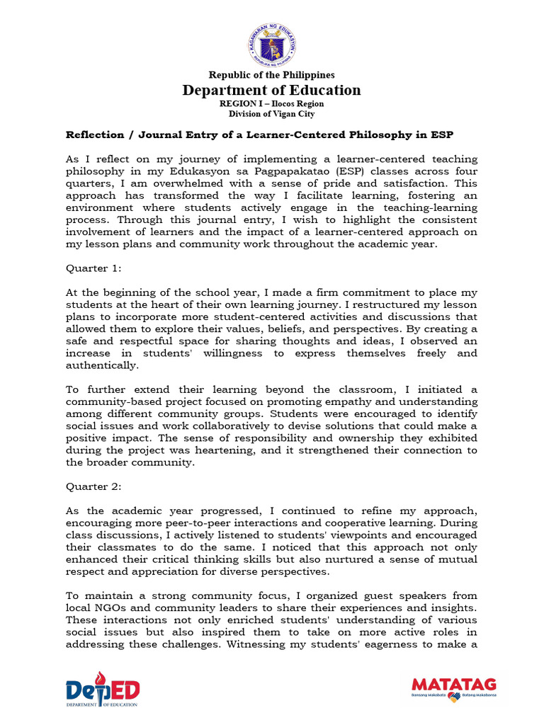 Reflection Journal Entry in ESP 2 | PDF