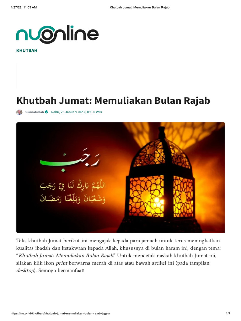 Khutbah Jumat - Memuliakan Bulan Rajab | PDF