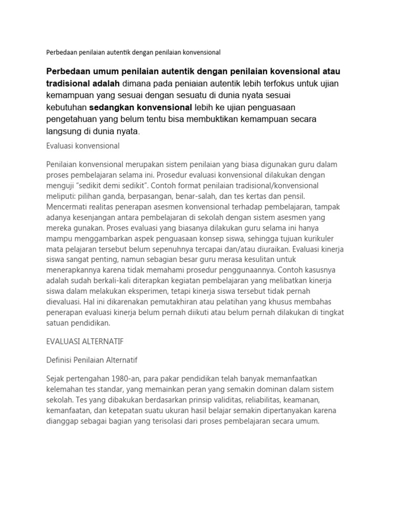 Perbandingan Penilaian Autentik dan Konvensional | PDF | Pengembangan Diri