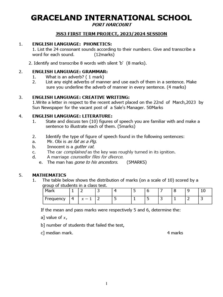 JSS3 First Term Project Guide 2023 | PDF
