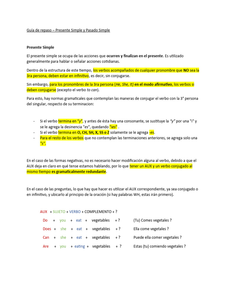 Presente y Pasado Simple Guia Repaso | PDF | Verbo | Morfología