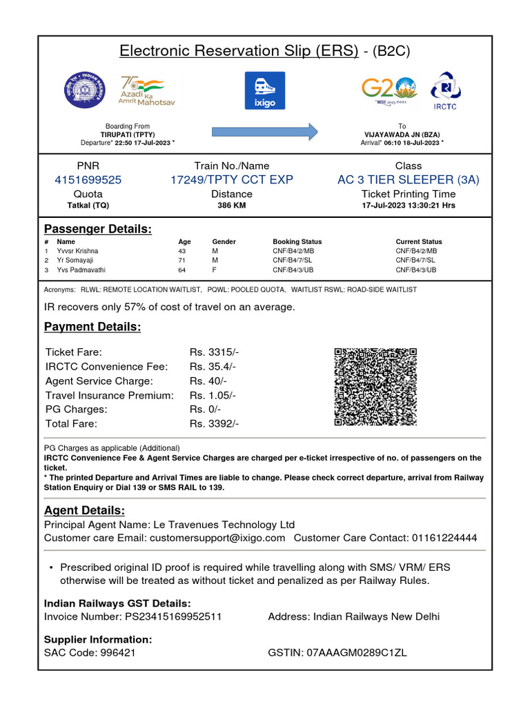 Electronic Reservation Slip (ERS) : 4151699525 17249/TPTY CCT EXP Ac 3 ...