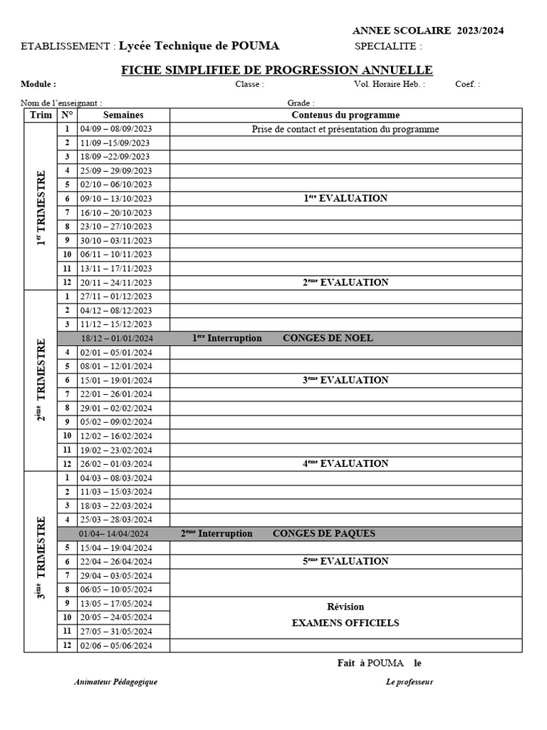 Fiche de progression annuelle 2023/2024 | PDF