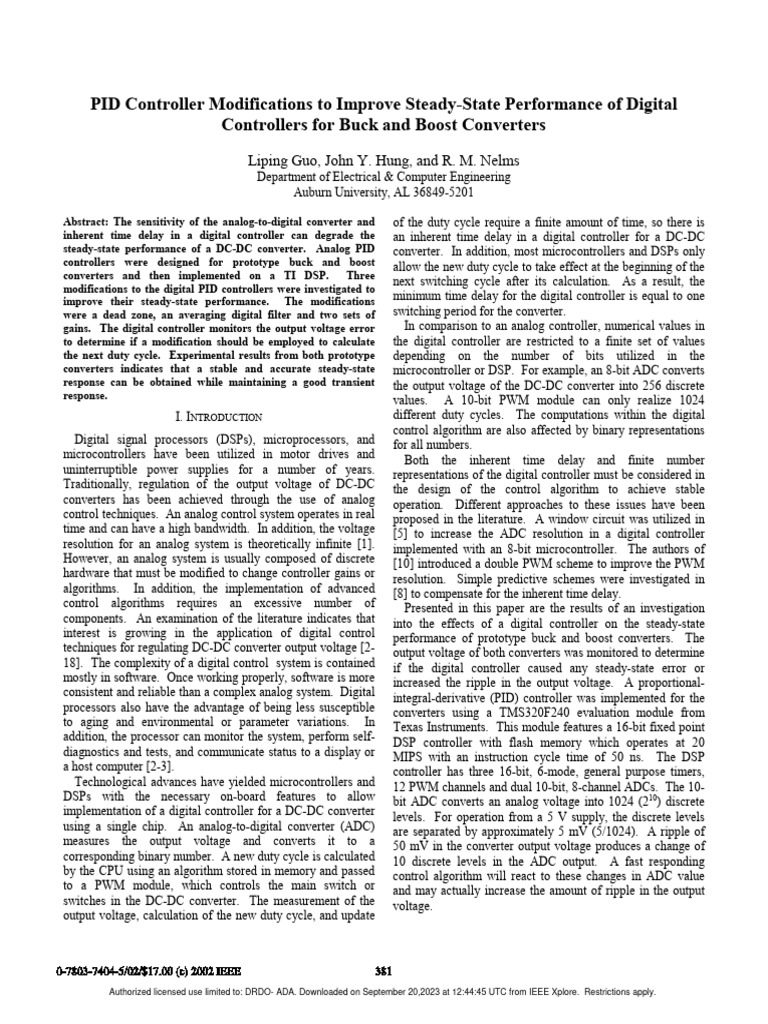 Pid Controller Modifications To Improve Steady State Performance Of Digital Controllers For Buck 