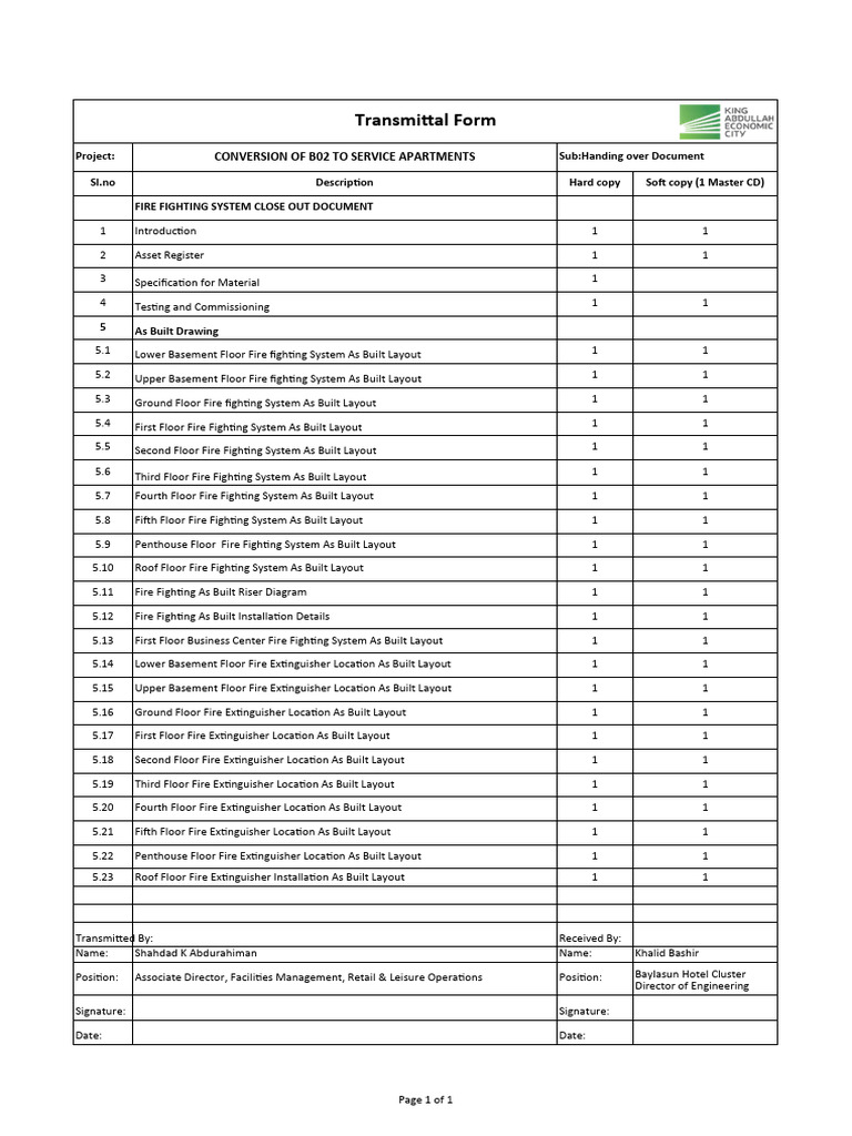 Fire Fighting System Handover Document | PDF | Firefighting | Buildings ...