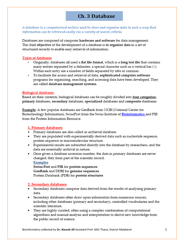 Bioinformatics. CH 3 Databases (Summarized Notes) | PDF