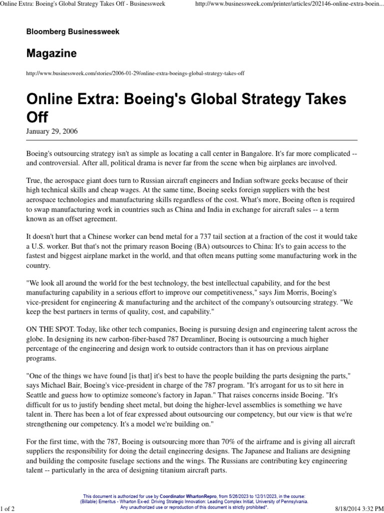 Boeing S Global Strategy Takes Off | PDF | Outsourcing | Employment