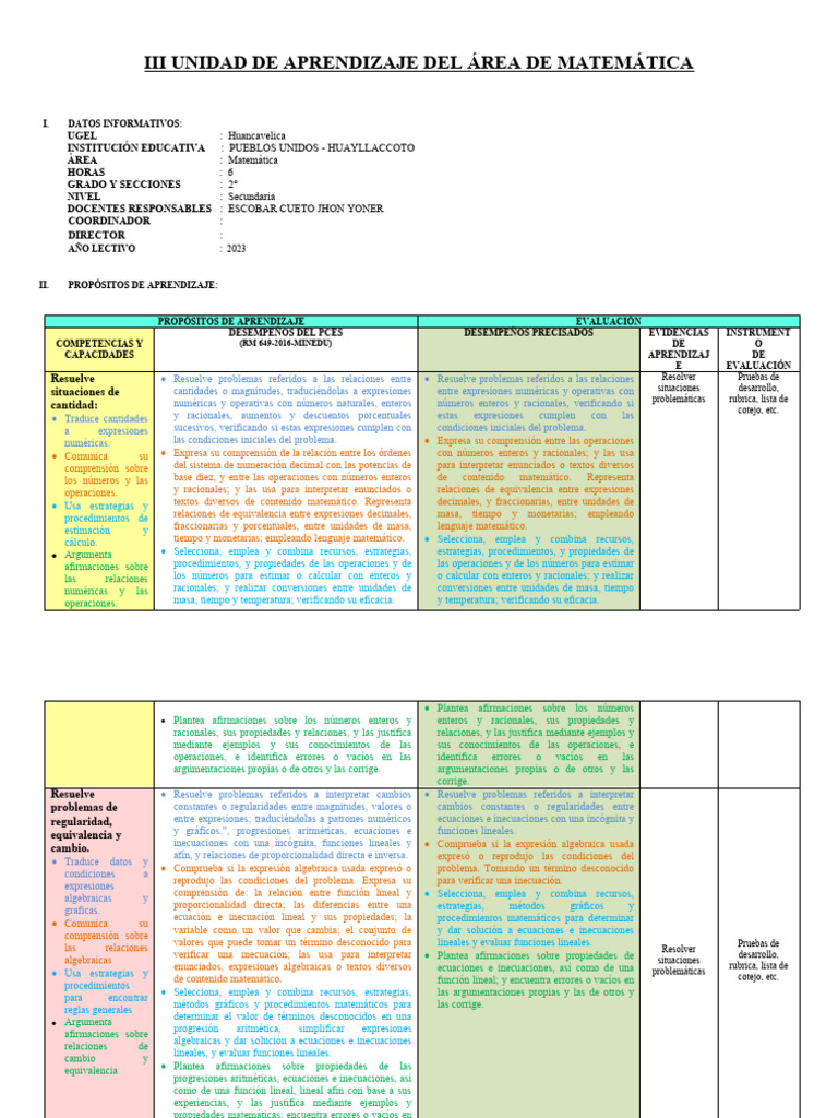 III UNIDAD DE APRENDIZAJE DEL ÁREA DE MATEMÁTICA JHON | PDF