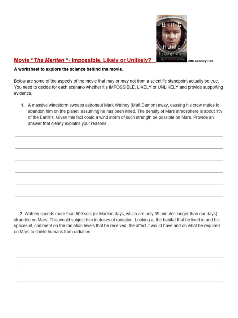 The Martian Movie Science Worksheet | PDF