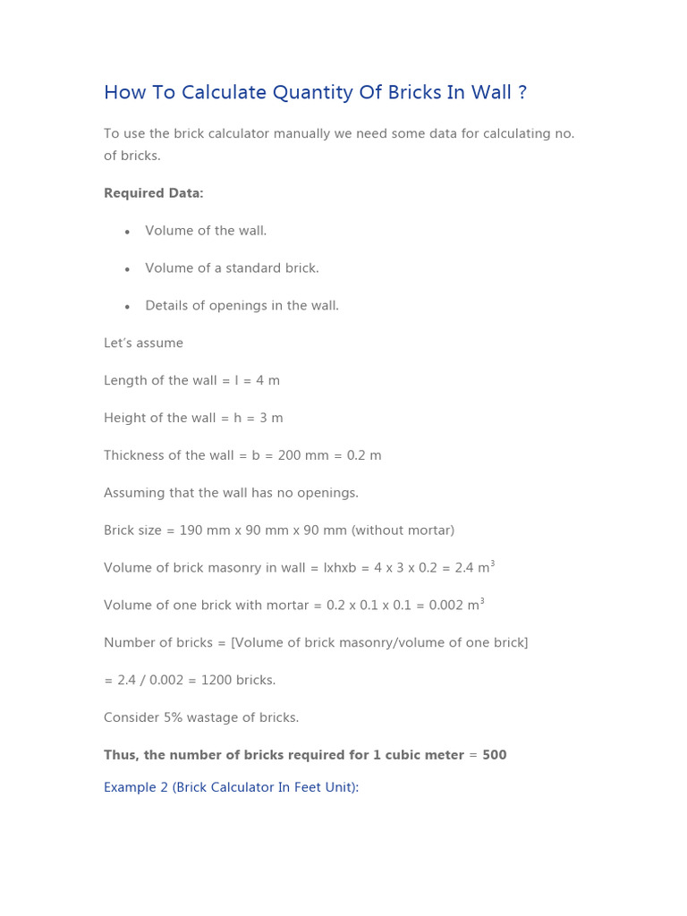 How To Calculate Quantity of Bricks in Wall | PDF | Brick | Volume