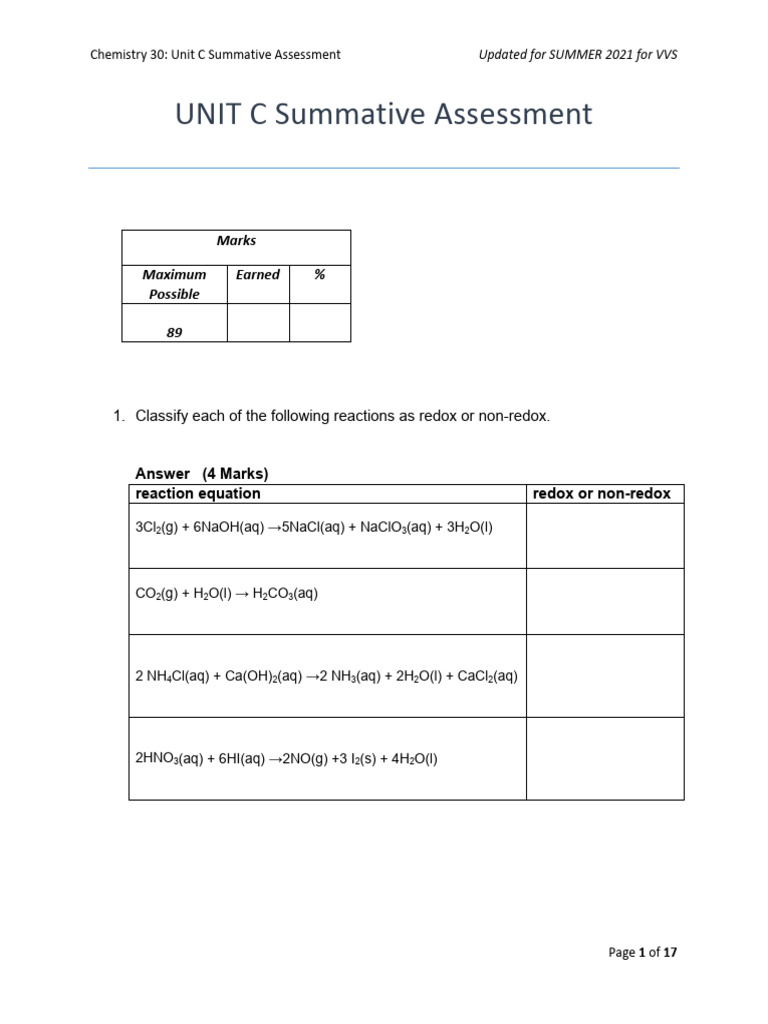Chemistry 30 Redox Reactions Exam | PDF | Redox | Anode