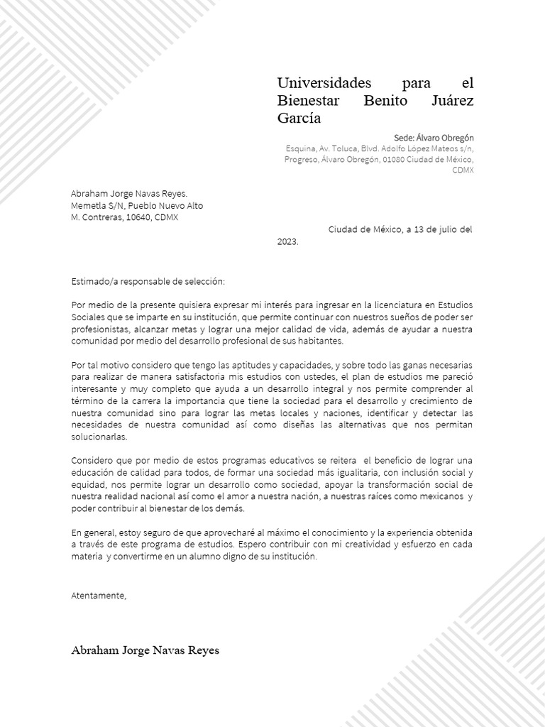 Carta de Intencion UBBJ | PDF | México | Ciudad de México Carta de Intencion UBBJ | PDF | México | Ciudad de México