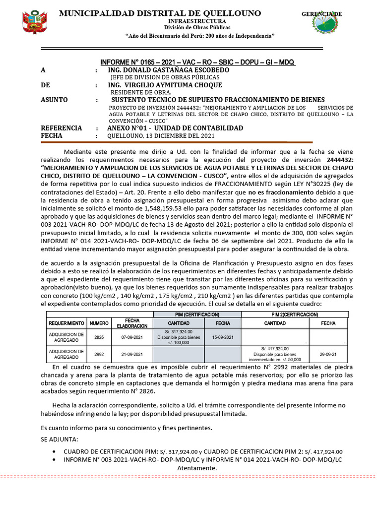 INFORME N°165 SUSTENTO TECNICO Fracc | PDF