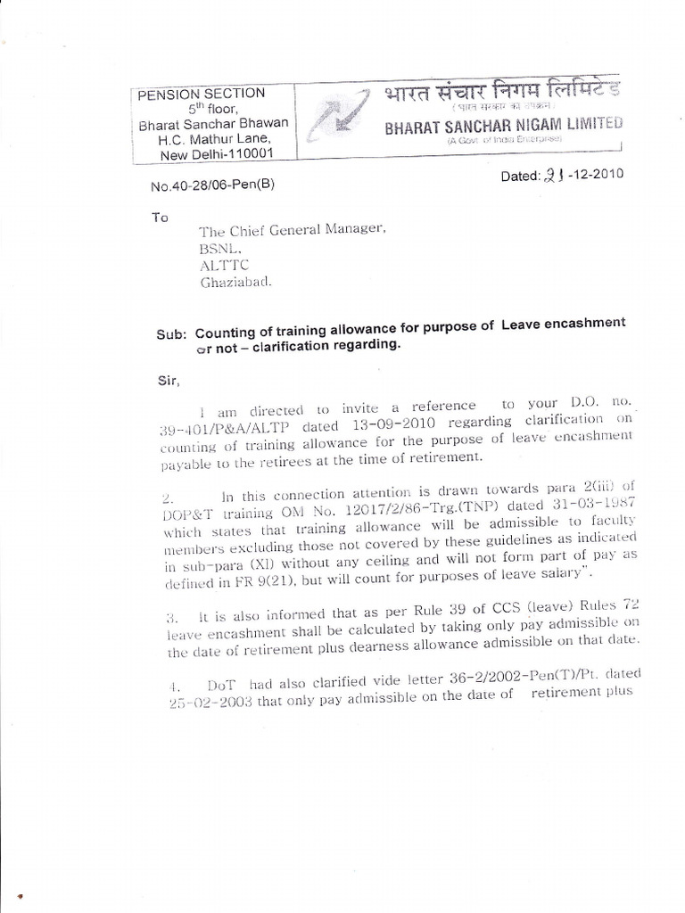 Training Allowance and Leave Encashment | PDF | Telecommunications ...