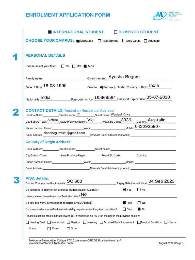 International Student Enrolment Form | PDF | Vocational Education | Diploma