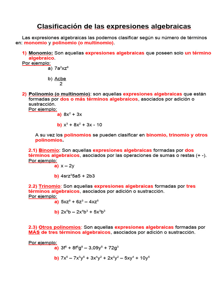 Clasificacion Expresiones Algebraicas | PDF