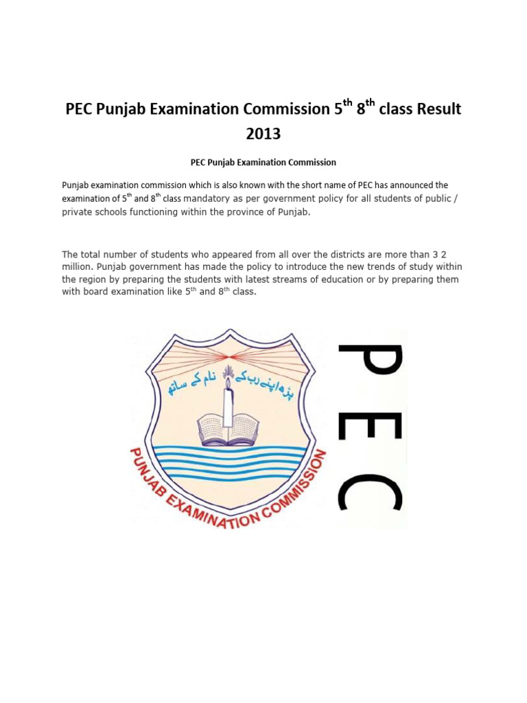 PEC 5th & 8th Class Results 2013 | PDF