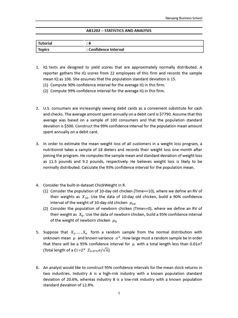 Tutorial 8 Questions Pdf Confidence Interval Errors And Residuals 