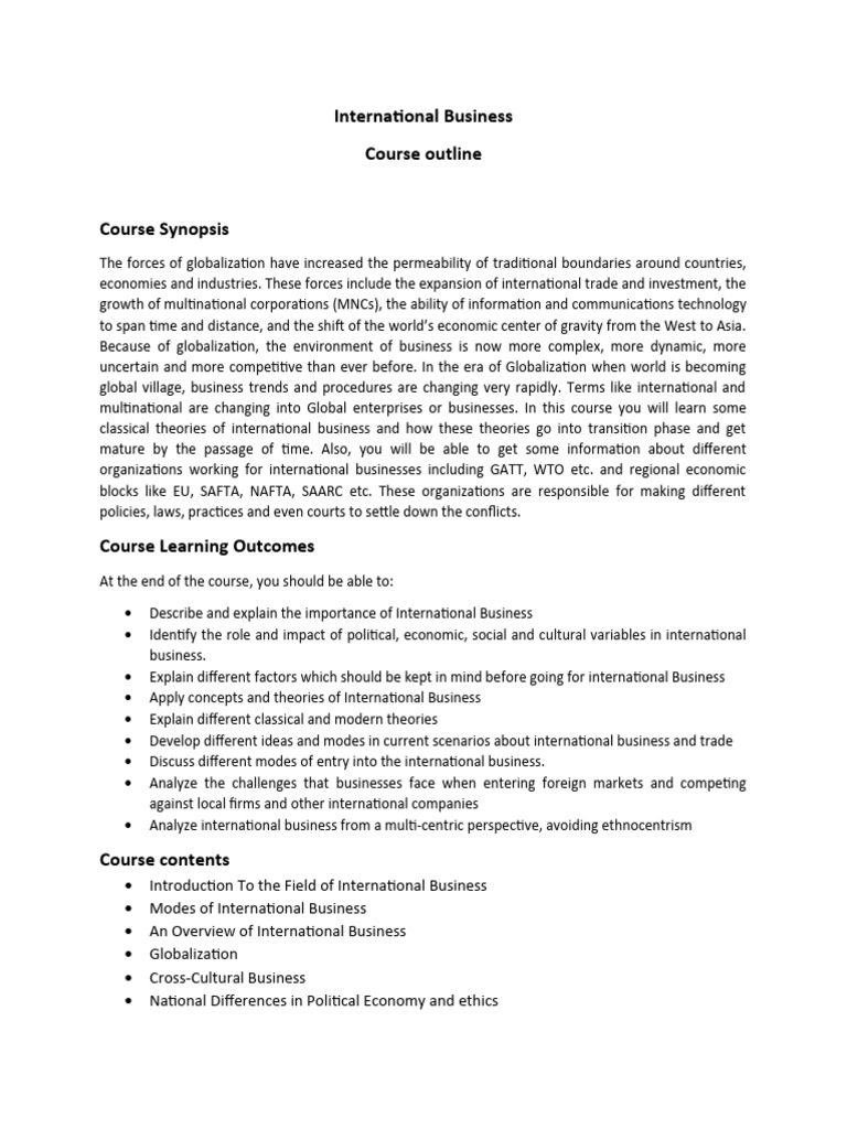 International Business Course Outline | PDF | Globalization | Foreign ...