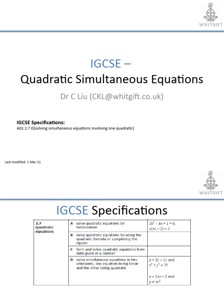 Solving Quadratic Simultaneous Equations | PDF