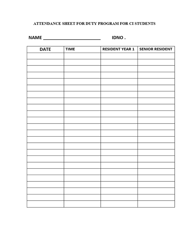 Attendance Sheet For Duty Program For Ci Students | PDF