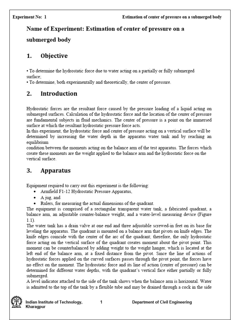 Exp 1 - Centre of Pressure | PDF | Pressure | Force