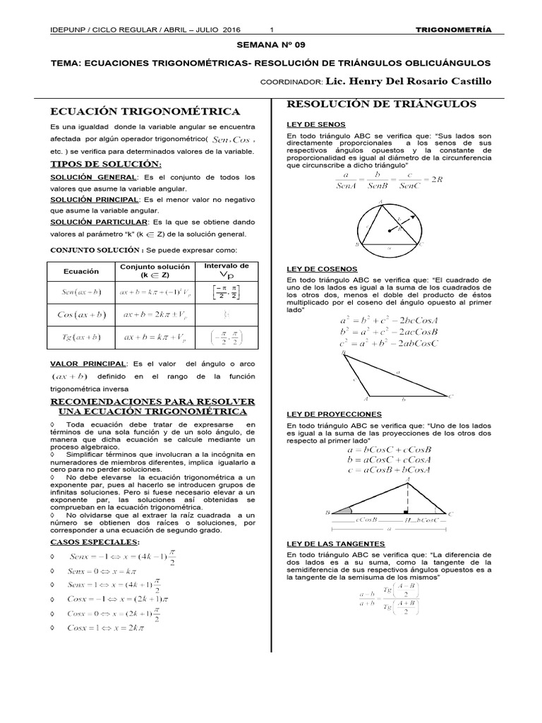 Trigo 09 Ii Ejercicios 2016 | PDF | Triángulo | Ecuaciones