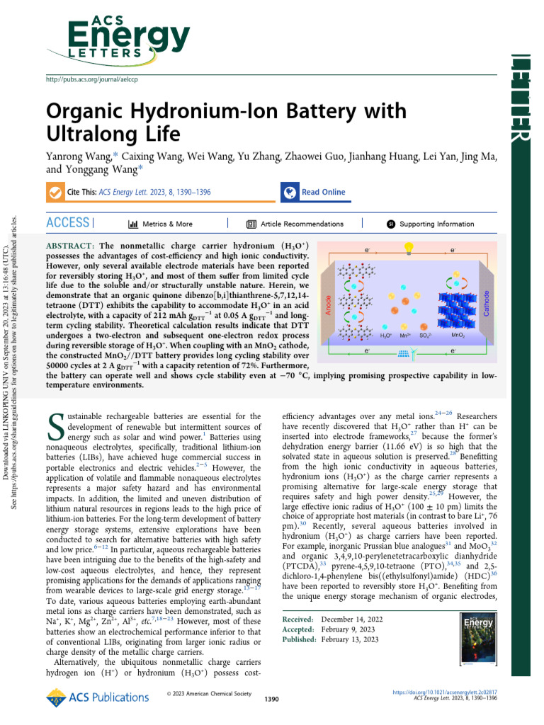 Organic Hydronium-Ion Battery With Ultralong Life | PDF | Rechargeable ...