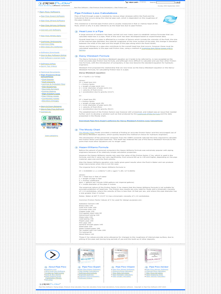 Pipe Friction Loss Calculations | PDF