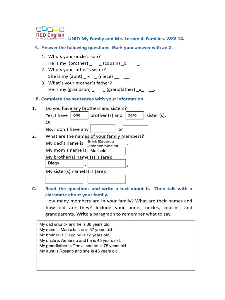 Family Vocabulary and Activities Worksheet | PDF | Language Arts ...