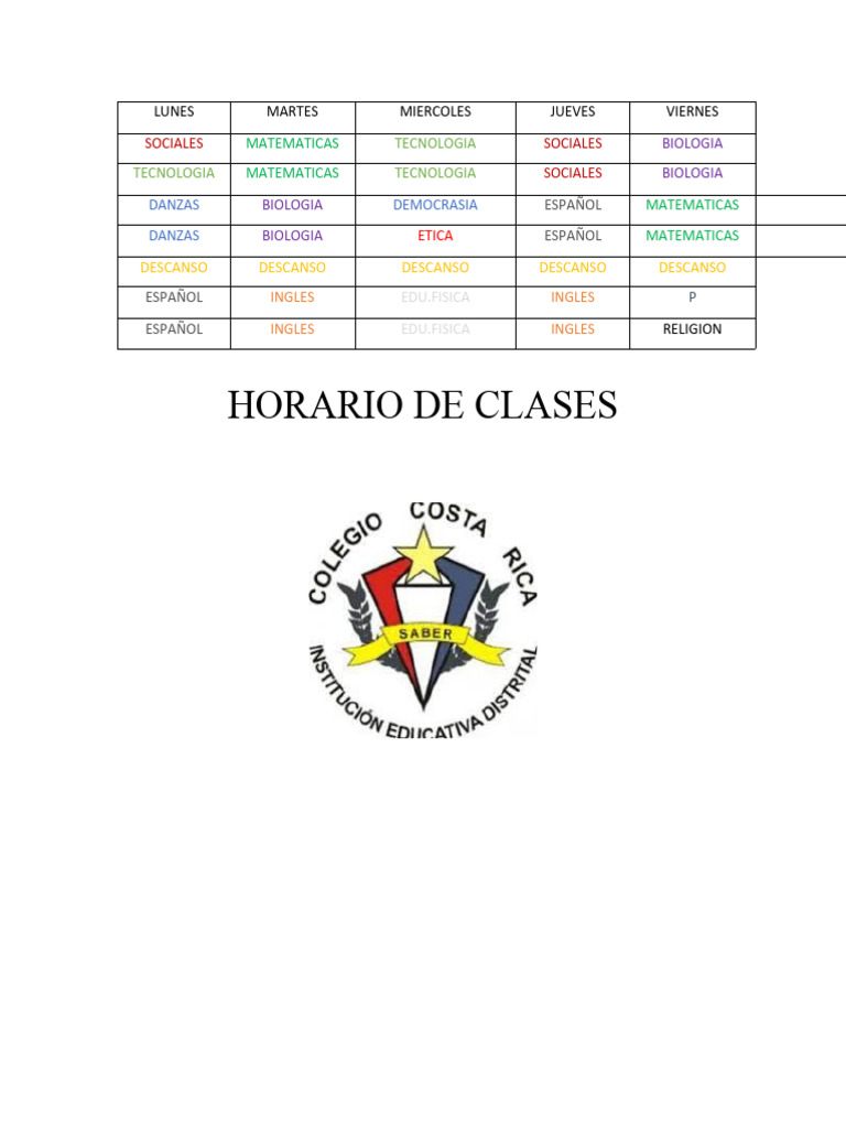Horario de Clases de Colegio Costa Rica I.E.D Eithan Caro | PDF | Estudios de idiomas extranjeros