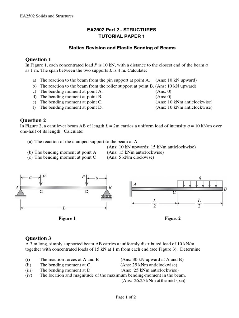 EA2502 Tutorial Paper 1 (2022-23) - Statics Revision and Elastic Bending of Beams | PDF ...