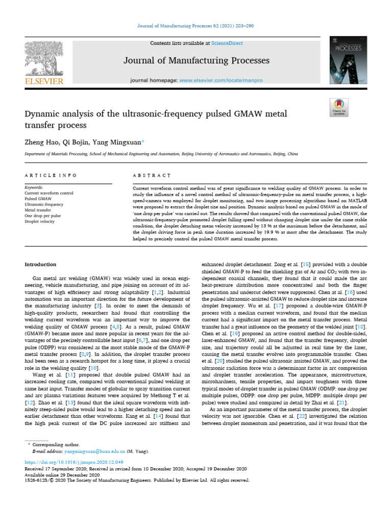 Dynamic Analysis of The Ultrasonic-Frequency Pulsed GMAW Metal Transfer ...