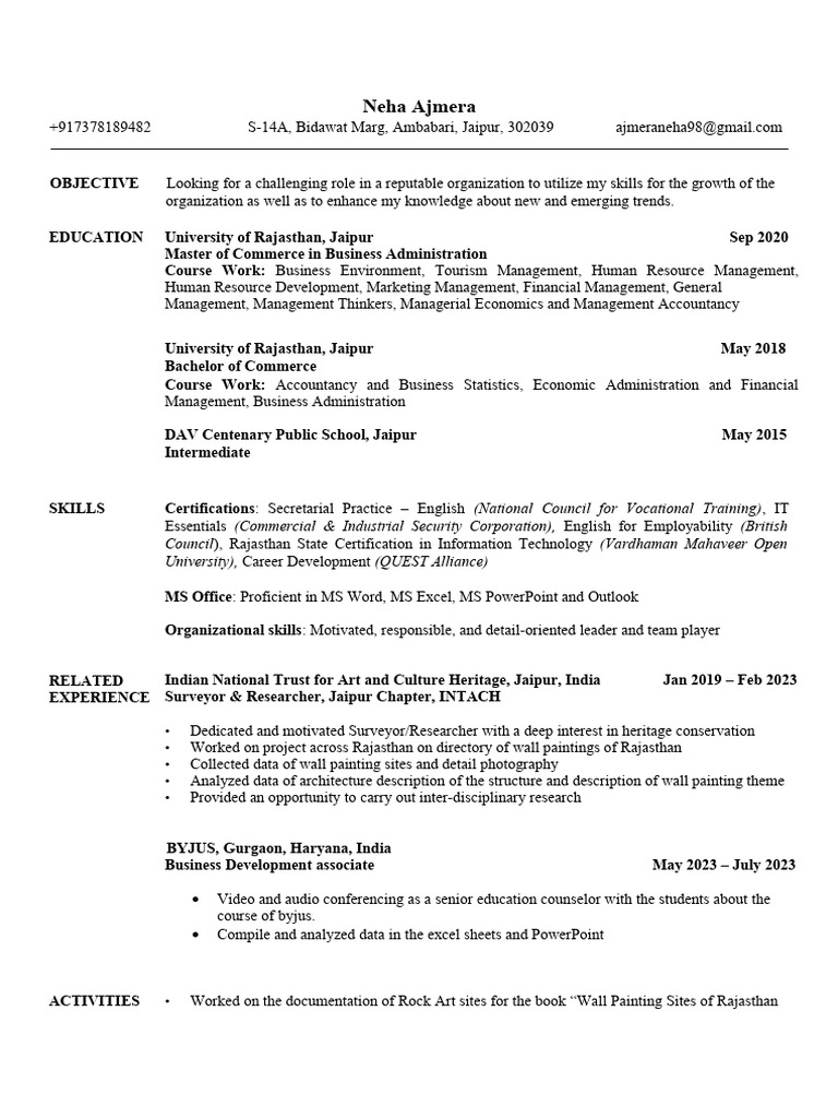 Neha Ajmera Resume | PDF | Business | Economies