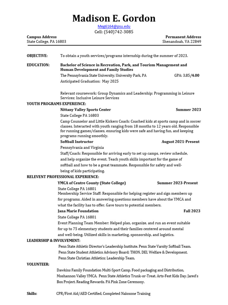 Maddie Gordon Resume | Download Free PDF | Pennsylvania State University